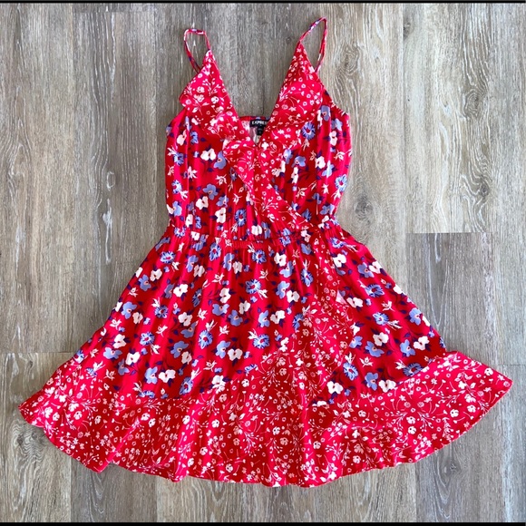 Express | Dresses | Express Red Floral Spaghetti Strap Wrap Sundress ...
